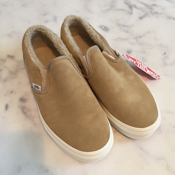 Vans | Shoes | Vans Nwb Khaki Suede Faux Fur Lined Slipons | Poshmark